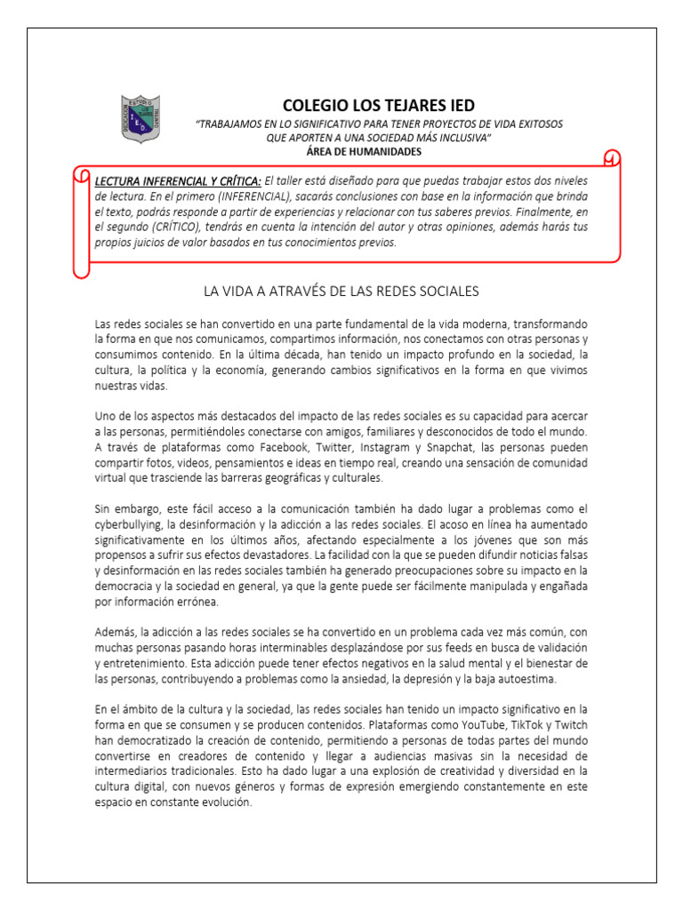 Taller # 2 Comprensión Lectora | PDF | Servicio de redes sociales ...