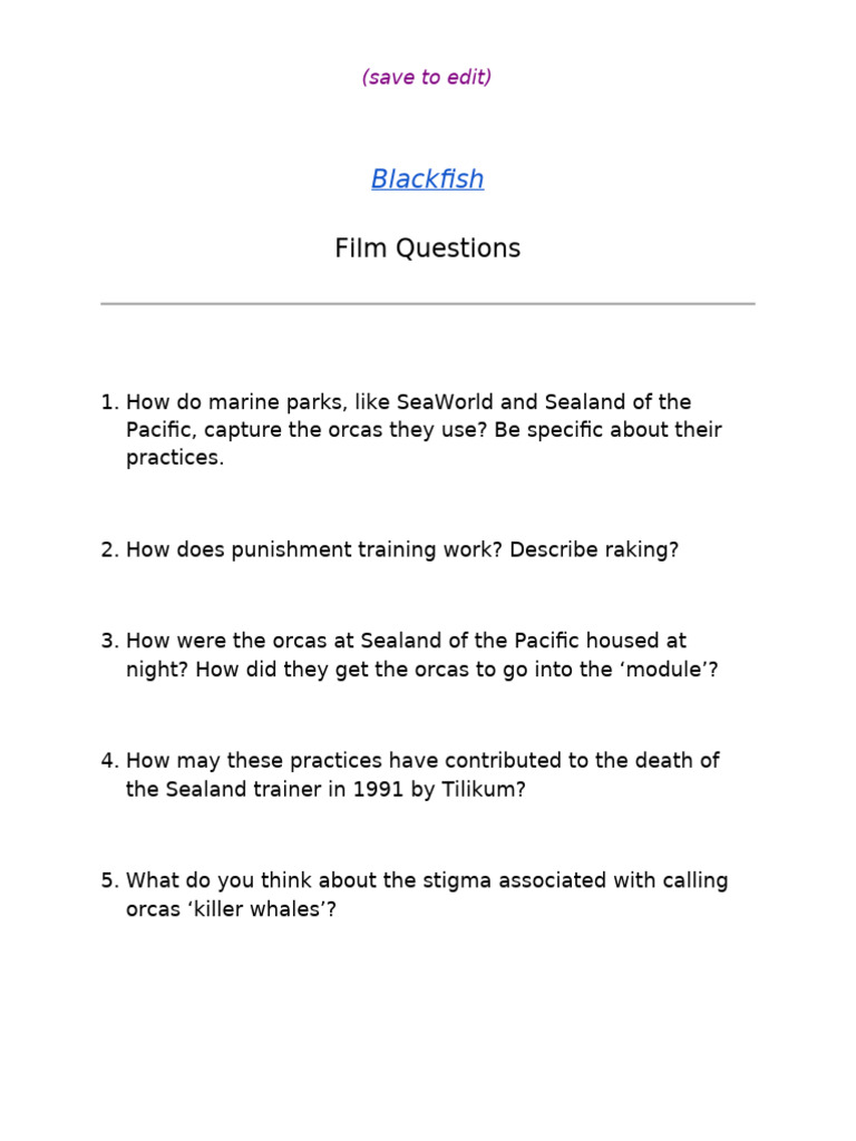 Blackfish Documentary Discussion Questions | PDF