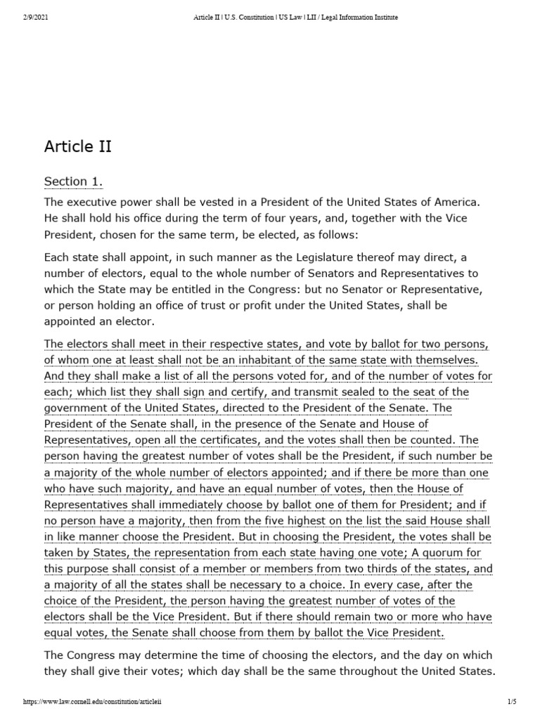 U.S. Constitution Article II Overview | PDF | Article Two Of The United ...