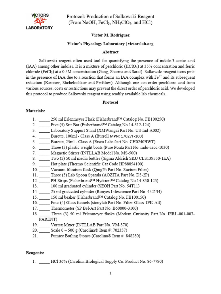 Production of Salkowski Reagent | PDF | Sodium Hydroxide | Chemical ...