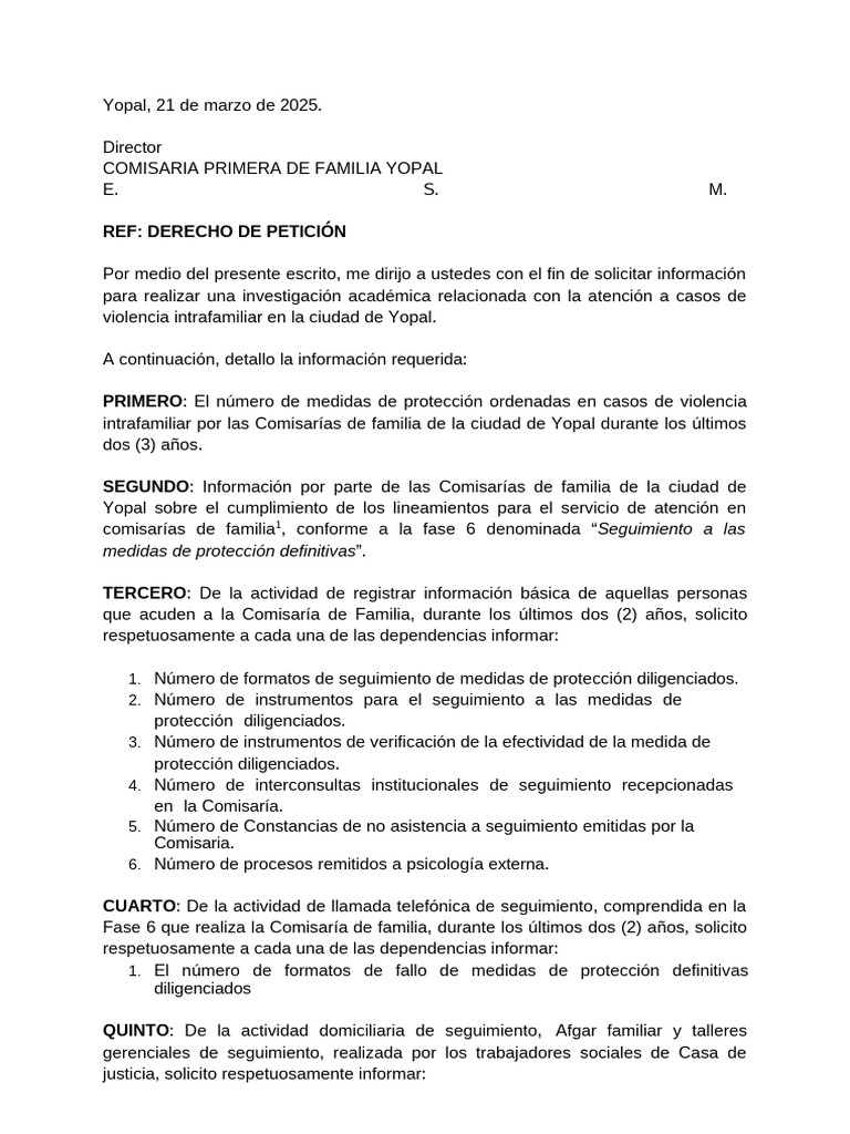 DERECHO DE PETICION COMISARIA PRIMERA DE FAMILIA | PDF