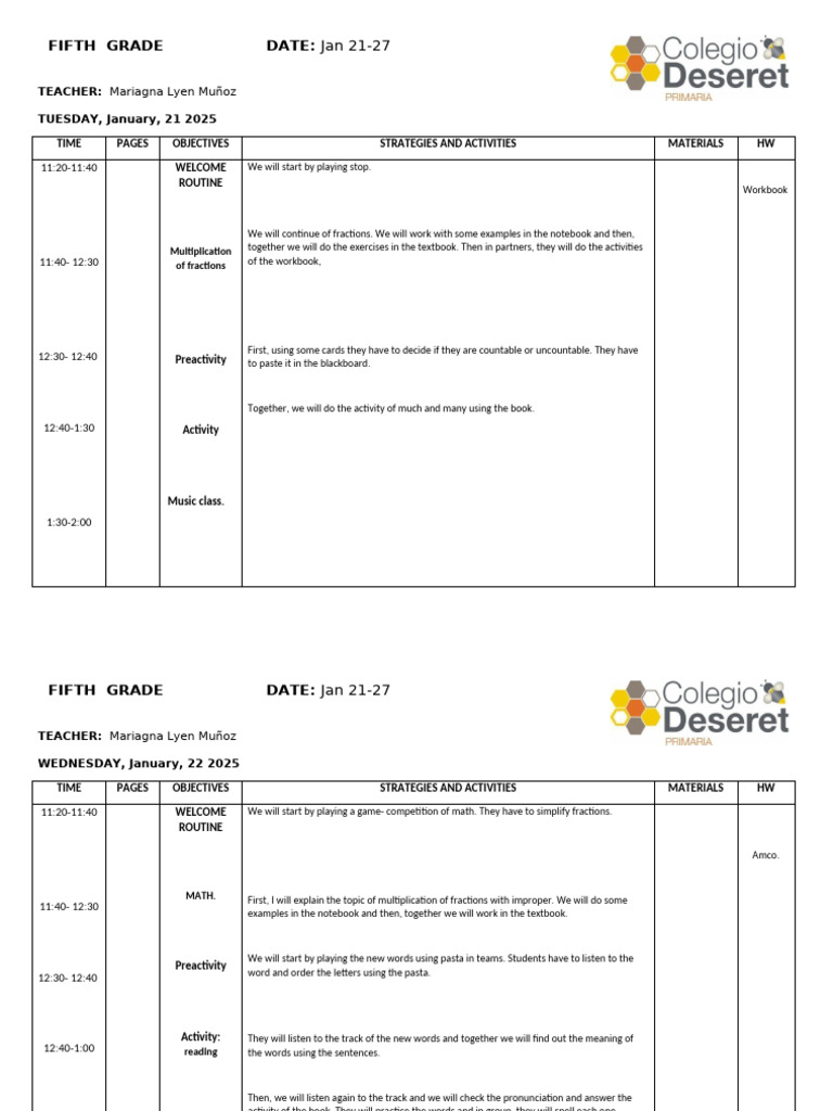 Fifth Grade Weekly Lesson Plan | PDF | Syntax | Grammar