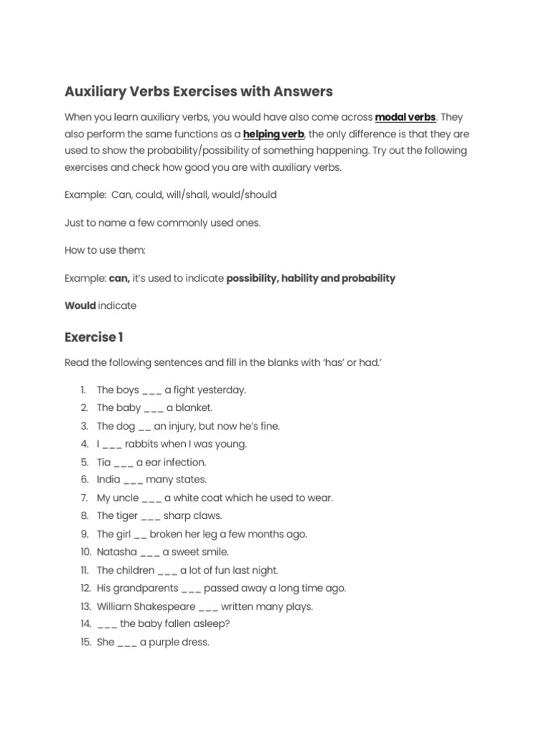 Auxiliary Verbs Exercises With Answers: Exercise 1 | PDF