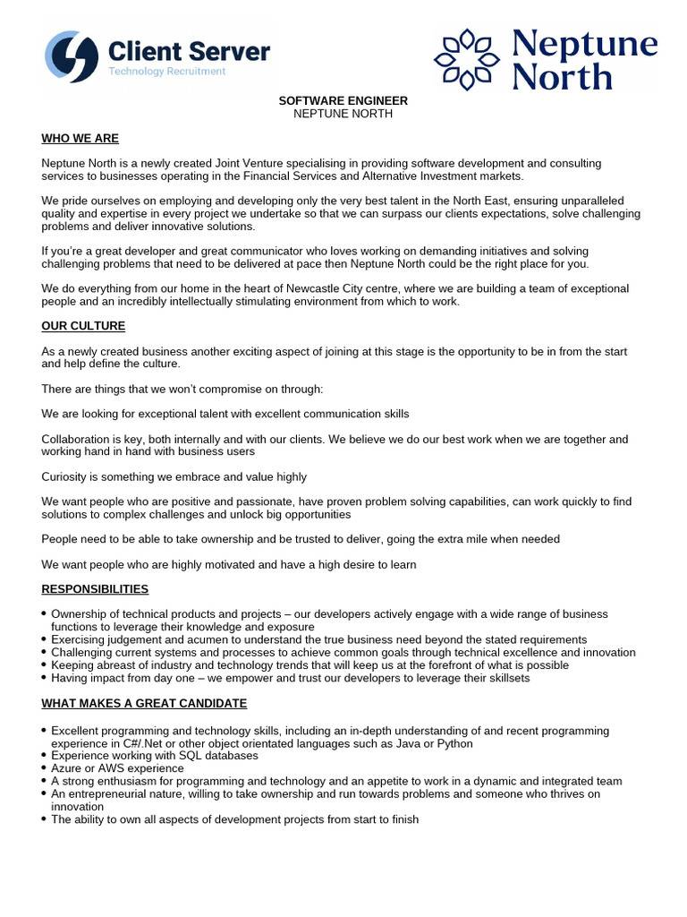 Neptune North Software Engineer Role | PDF | Computer Programming ...
