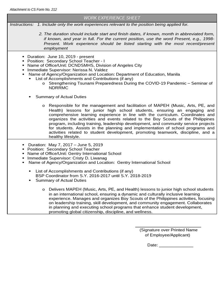 Work Experience Sheet for Teachers | PDF | Learning