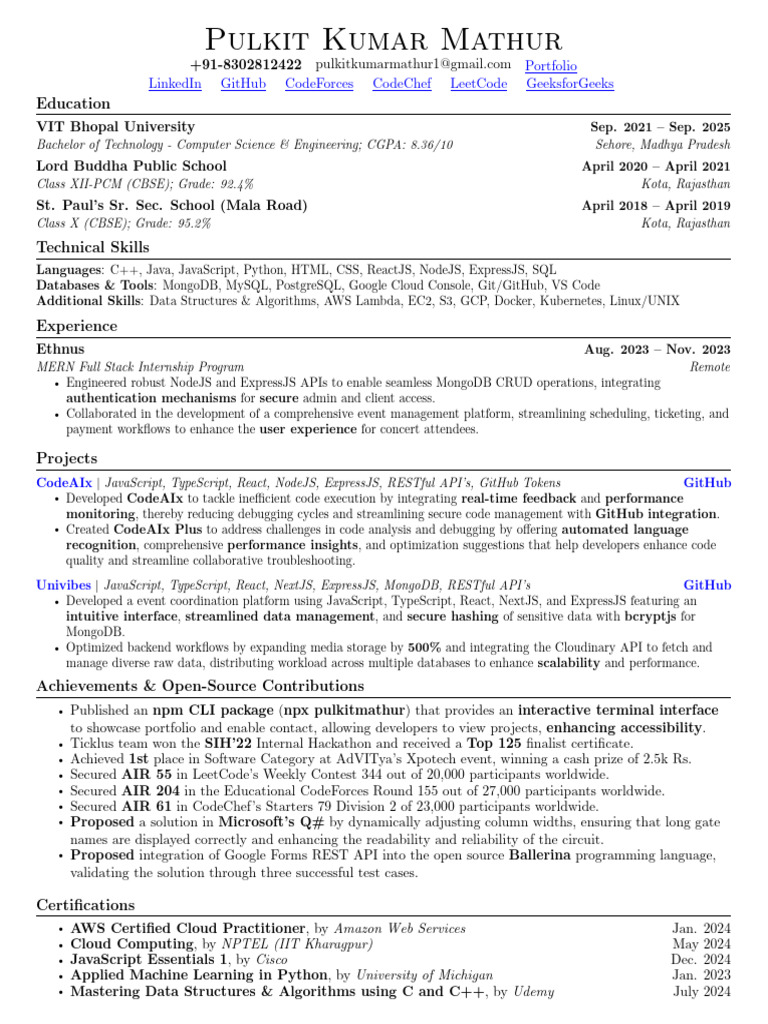 Pulkit_Kumar_Mathur_FullStack_SDE_Resume | PDF | Amazon Web Services | Cloud Computing