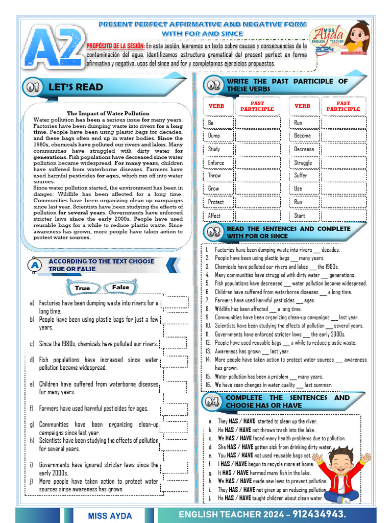FICHA 01 _ SEM 01 _ JEC _ A2 _ PRESENT PERFECT AFFIRMATIVE AND NEGATIVE FORM WITH FOR AND SINCE ...