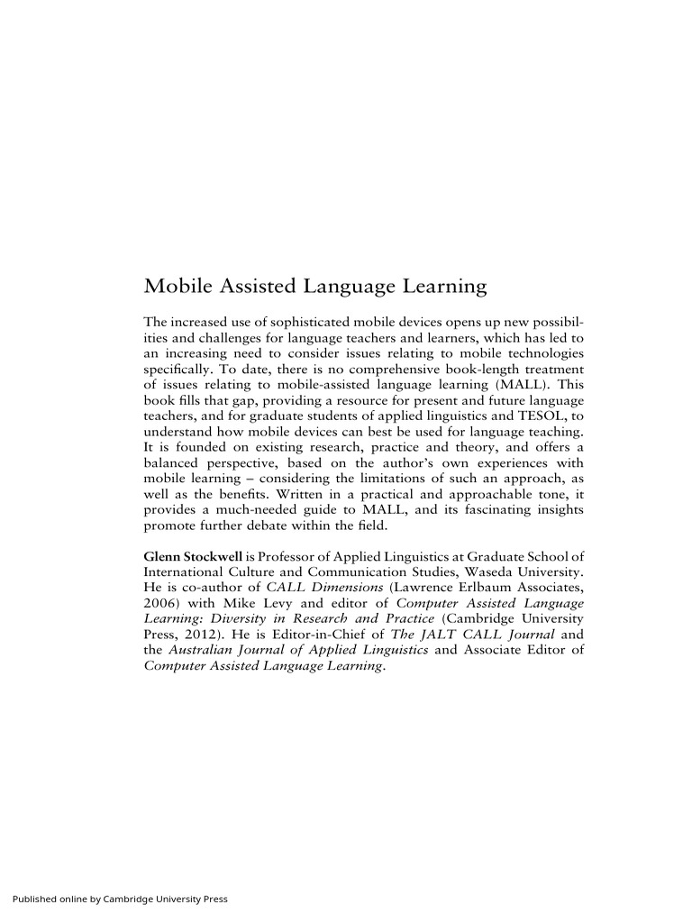 Mobile Assisted Language Learning: Glenn Stockwell | PDF | Learning | Second Language