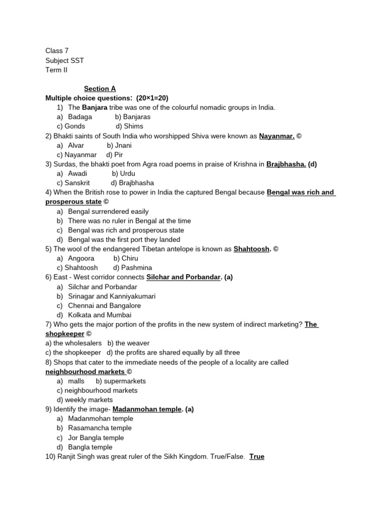 Class 7 SST Term II Question Paper | PDF | Tide | Moon