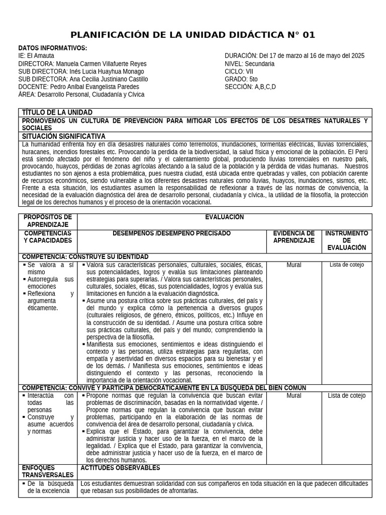 UNIDAD DE APRENDIZAJE N° 01 DPCC 5TO 2025 EPPA | PDF | Evaluación | Aprendizaje