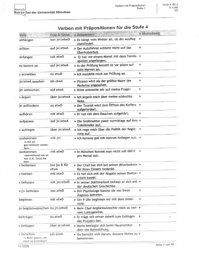 6 B2.2 - Gr4 - Verben Mit Präpositionen Liste S.1-10 | PDF