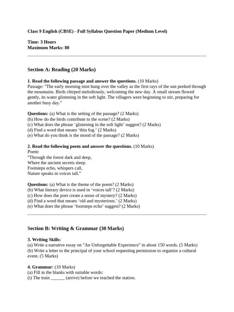 Class 9 CBSE English Syllabus & Questions | PDF