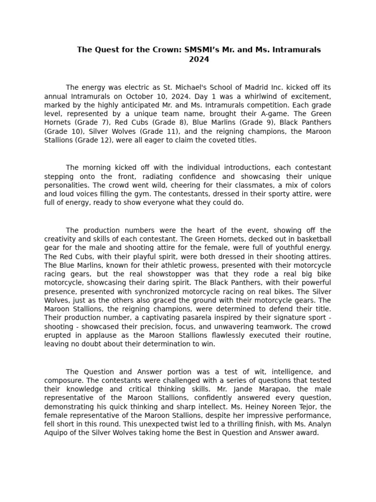 Feature Writing - English (MR and Ms Intramurals 2024) | PDF