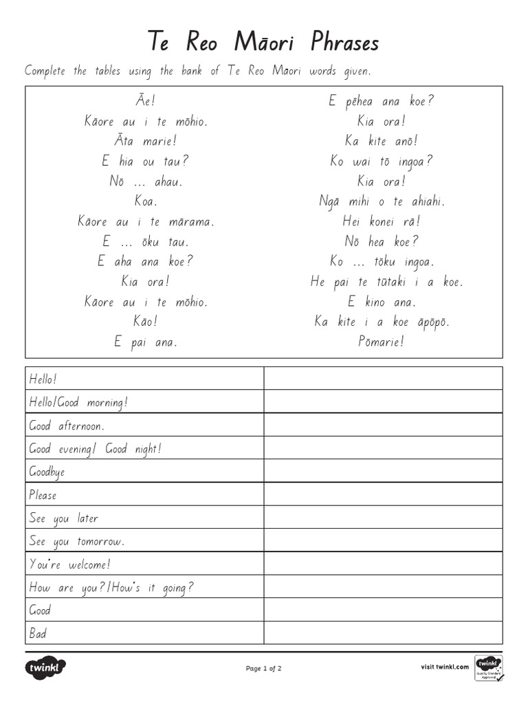 nz2 L 6 Te Reo Maori Phrases Activity Sheet - Ver - 1 | PDF | Polynesia ...