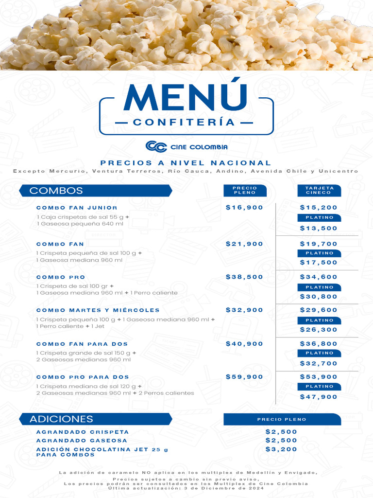 Precios Confitería Cine Colombia 2025 | PDF | Comida de conveniencia ...
