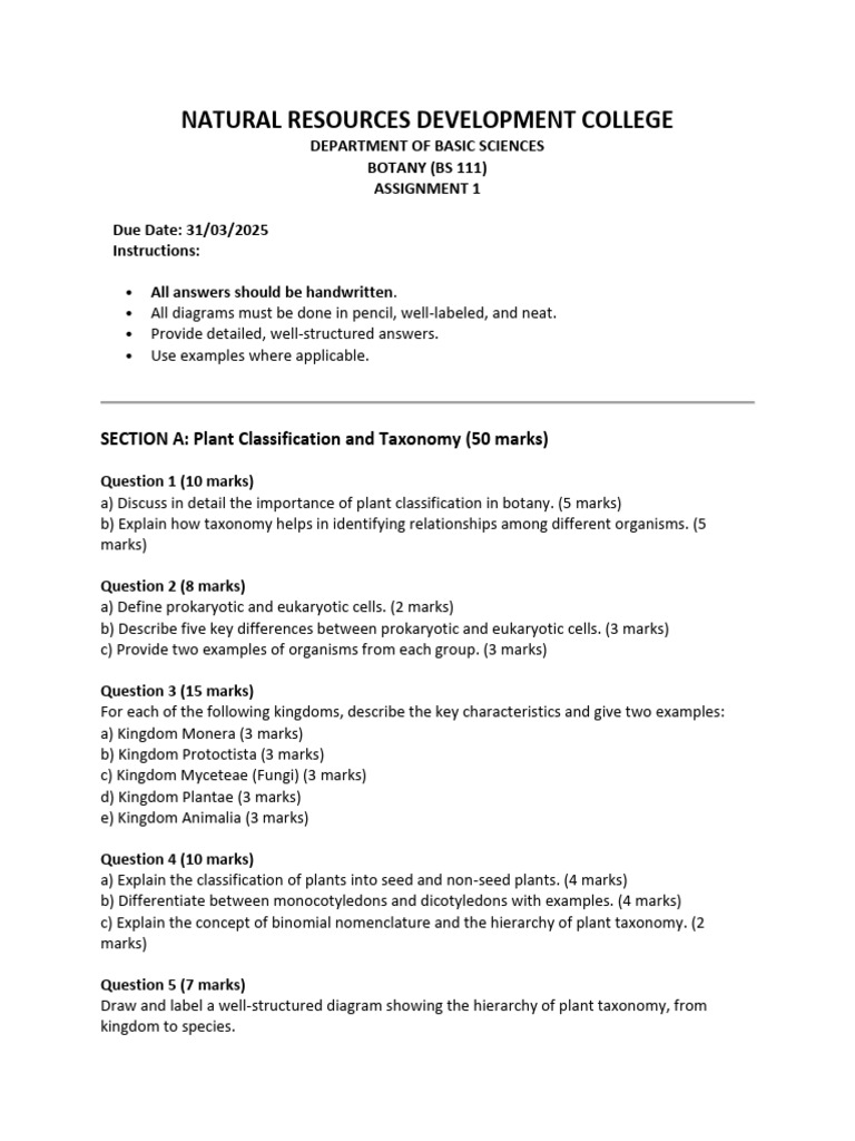 BOTANY (BS 111) assignment 2025 (1) | PDF | Leaf | Biology