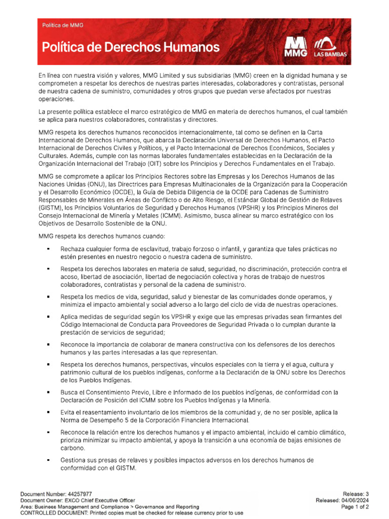 Política de Derechos Humanos de MMG | PDF