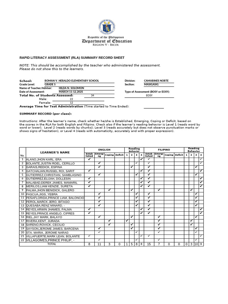 RLA Summary Record Sheet Post TEST 2025 Copy | PDF | Human ...