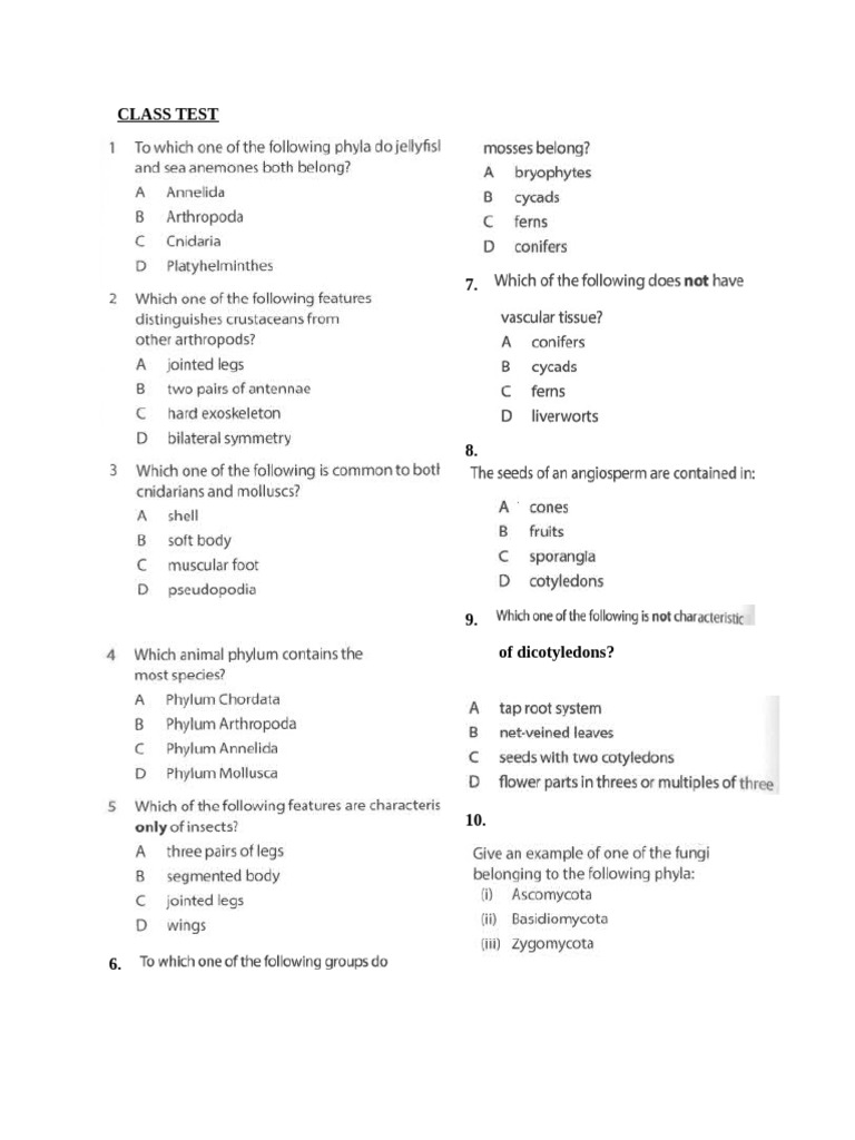 Class Test on Taxonomy | PDF