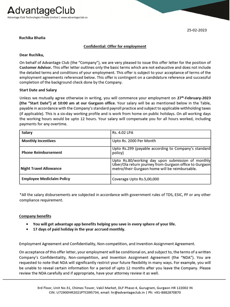 RuchikaBhatiaCCAdv - Offer Letter | PDF | Salary | Employment