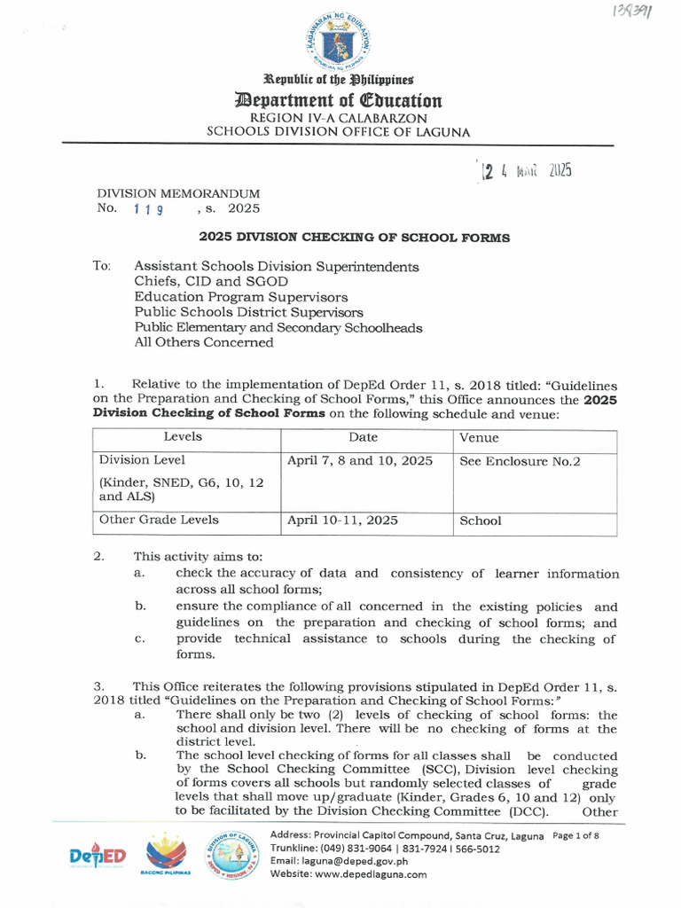 DM119s2025 2025 DIVISION CHECKING OF SCHOOL FORMS | PDF