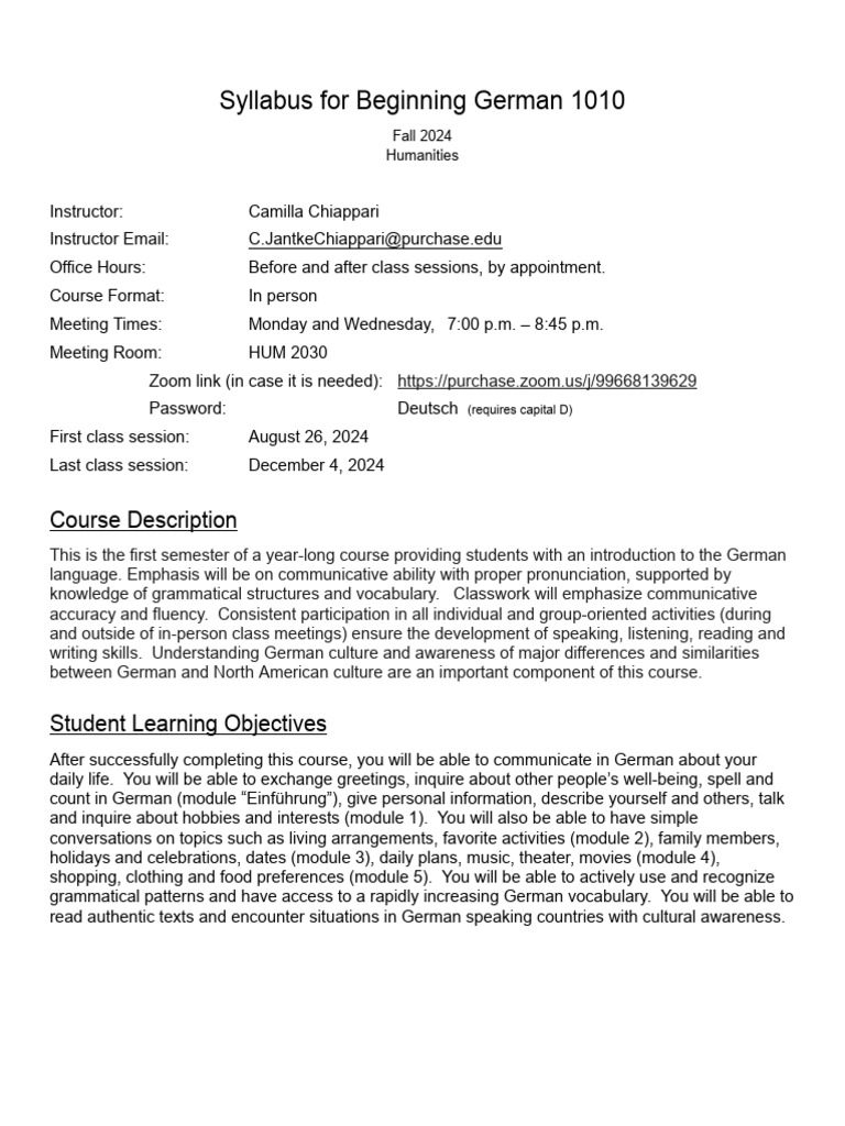 Beginning German 1010 Syllabus Fall 2024 | PDF | Linguistics | Human Communication