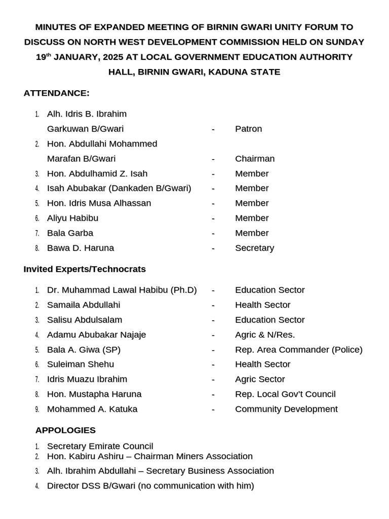 Minute of Expanded Meeting of Birnin Gwari | PDF