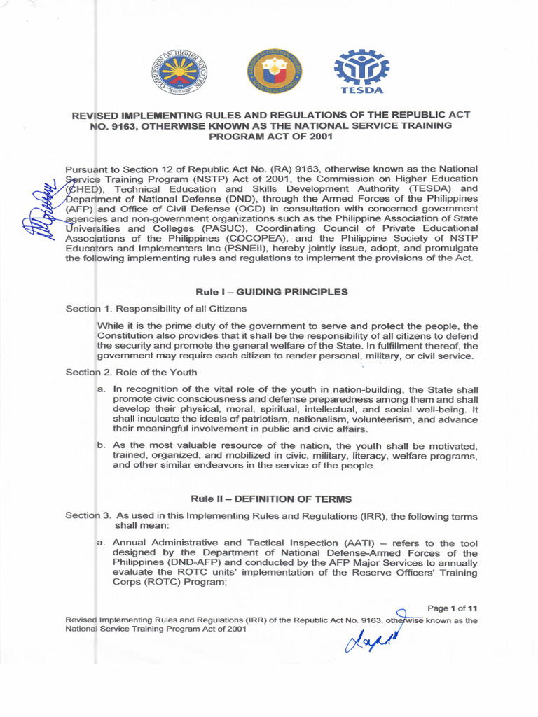Revised IRR of NSTP Law | PDF