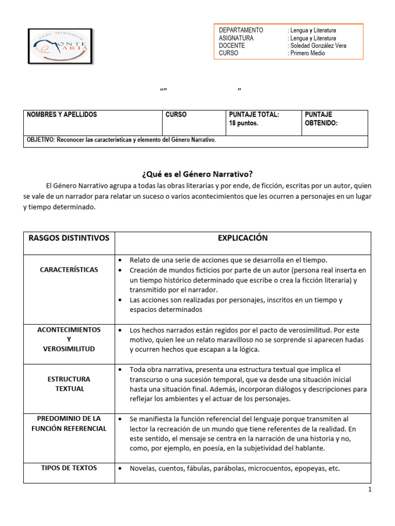 Guia 1 Narrativo Primero C | PDF | Narración | Escritura