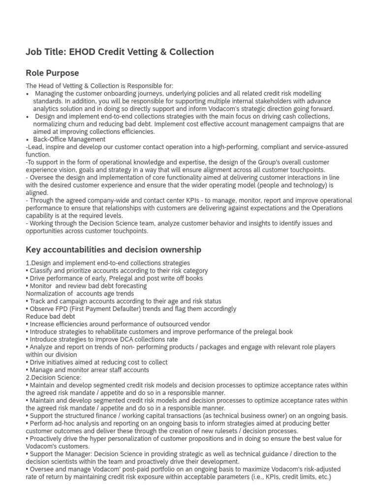 Head of Credit Vetting & Collection Role | PDF | Risk | Performance ...