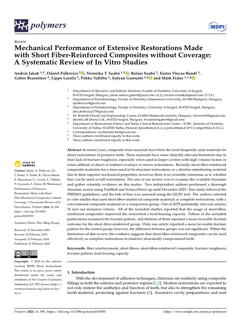 Mechanical Performance of Extensive Restorations Made | PDF | Materials