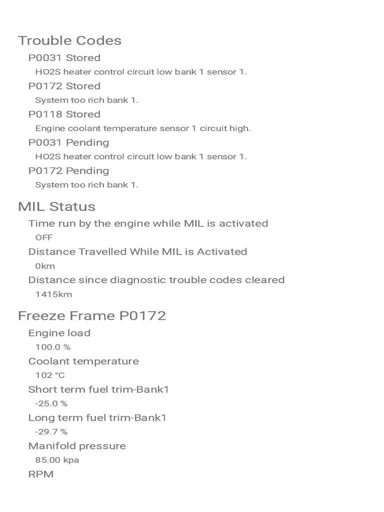 Vehicle Diagnostic Trouble Codes Summary | PDF