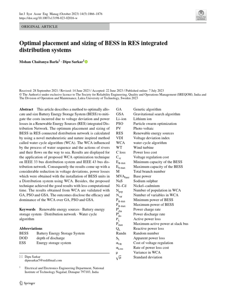 Optimal placement and sizing of BESS in RES integrated | PDF | Electric Power Distribution ...