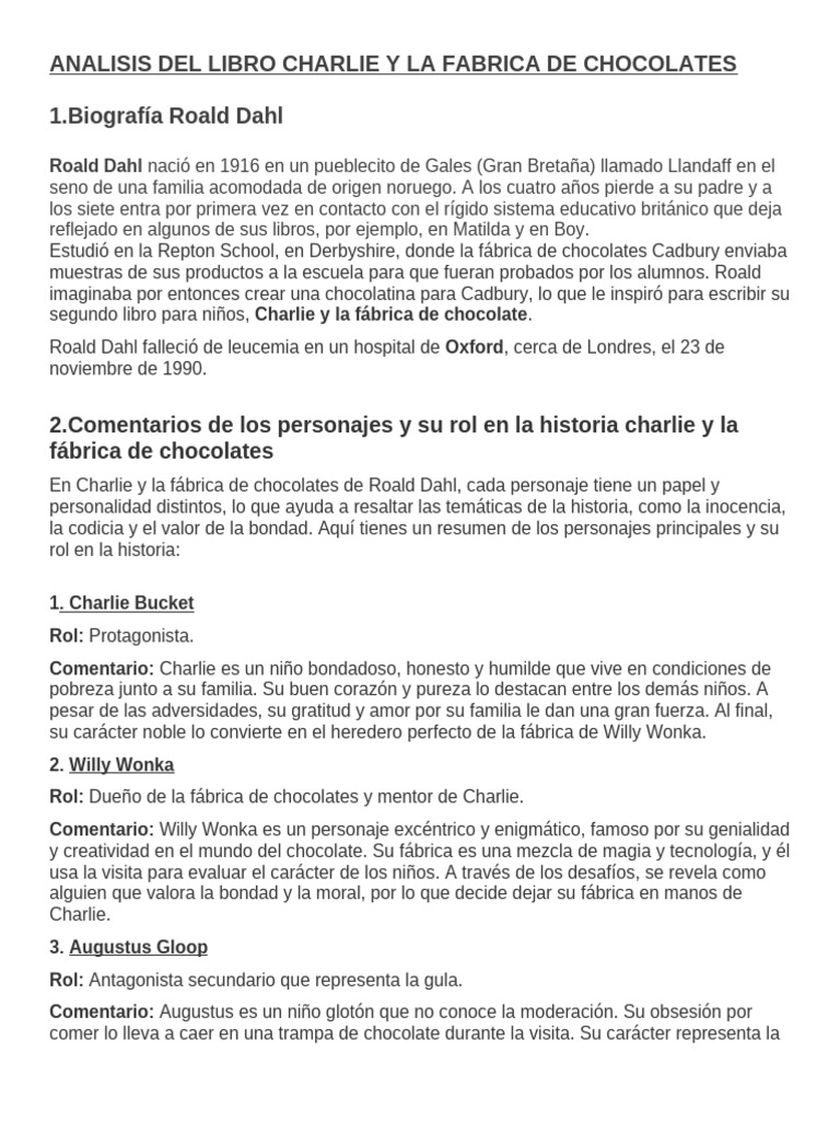 Analisis Del Libro Charlie y La Fabrica de Chocolates | PDF