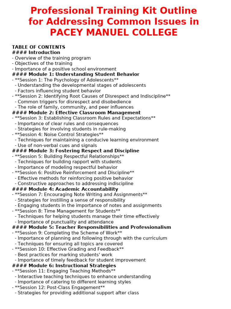 PACEY MANUEL COLLEGE Professional Training Kit Outline for Addressing ...
