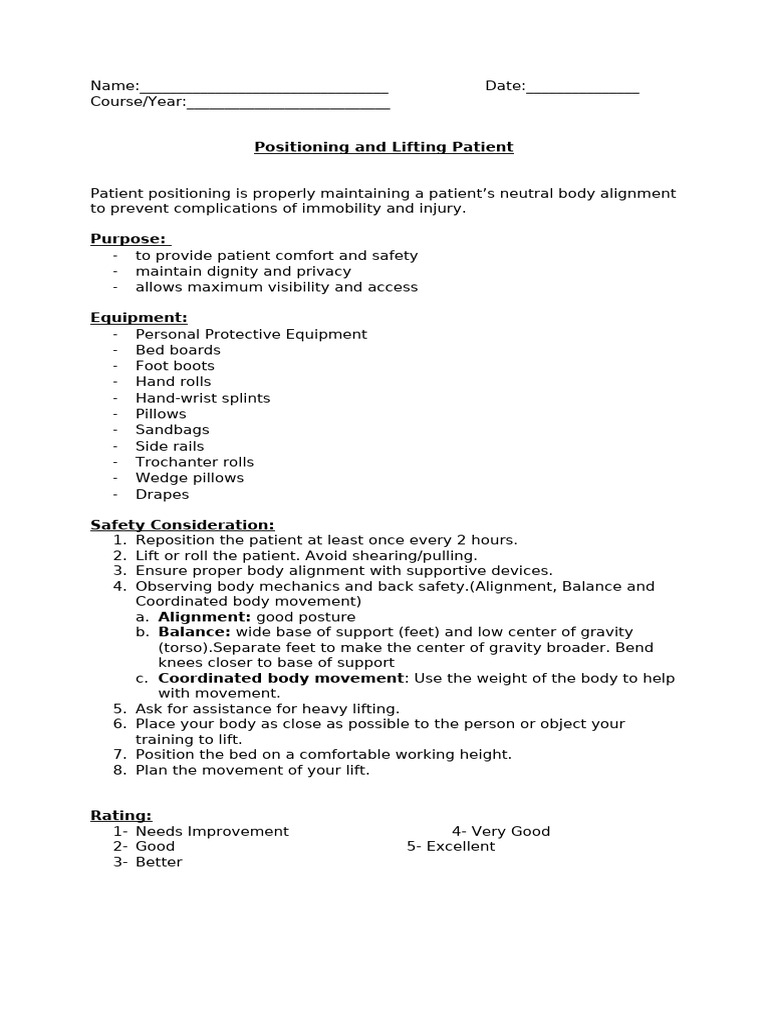 Positioning and Lifting Patient Checklist | PDF | Foot | Pillow