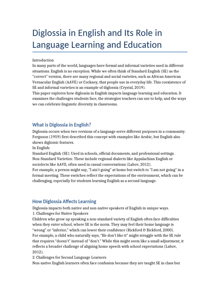 Diglossia in English and Its Role in Language Learning and Education | PDF | English Language ...