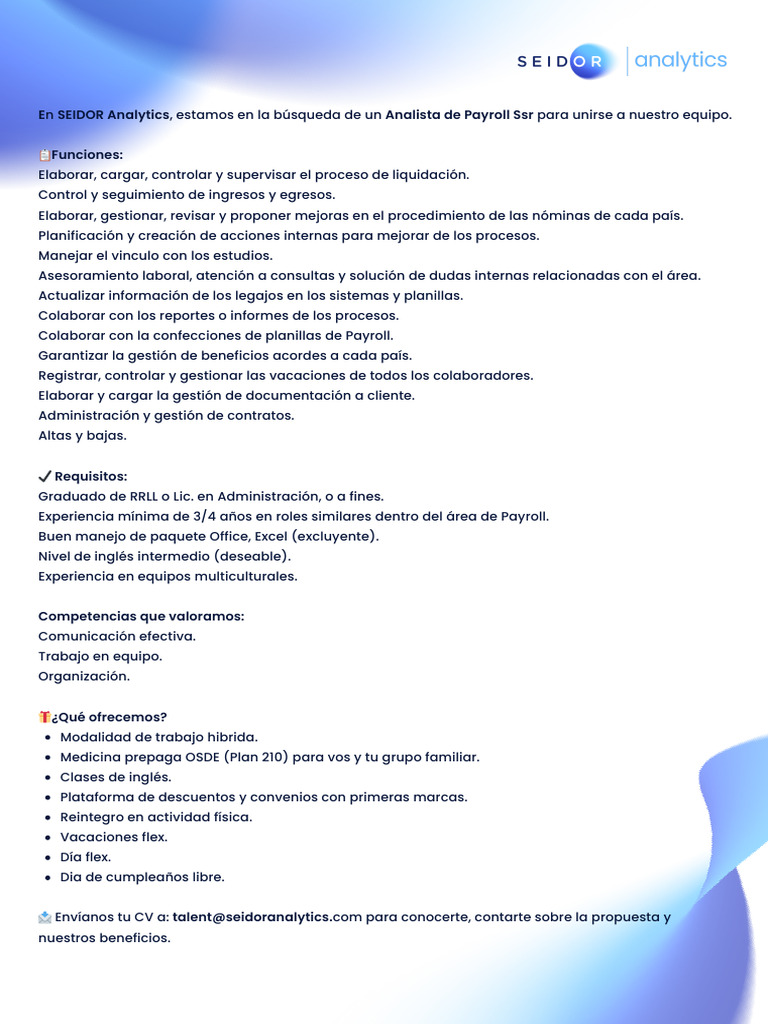 Anuncio Analista de Payroll SSR - SEIDOR Analytics | PDF