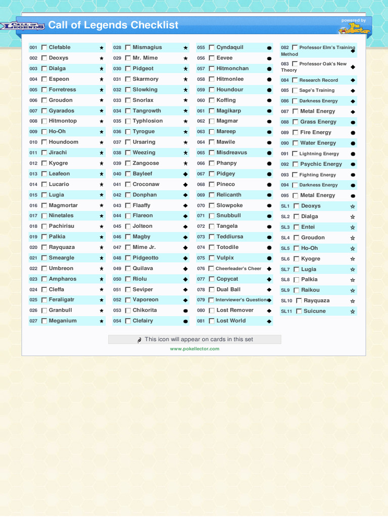 CL Call of Legends Checklist | PDF | Pokémon