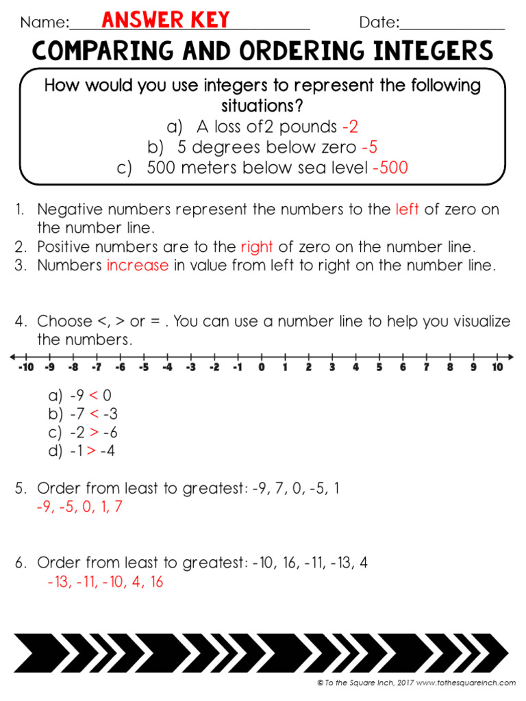 Integers Worksheet - Key | PDF
