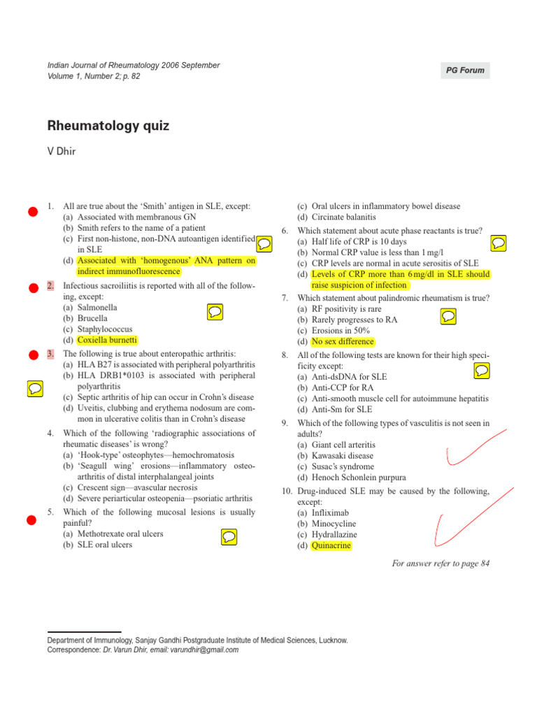 Indian Rheum MCQs | PDF | Rheumatoid Arthritis | C Reactive Protein