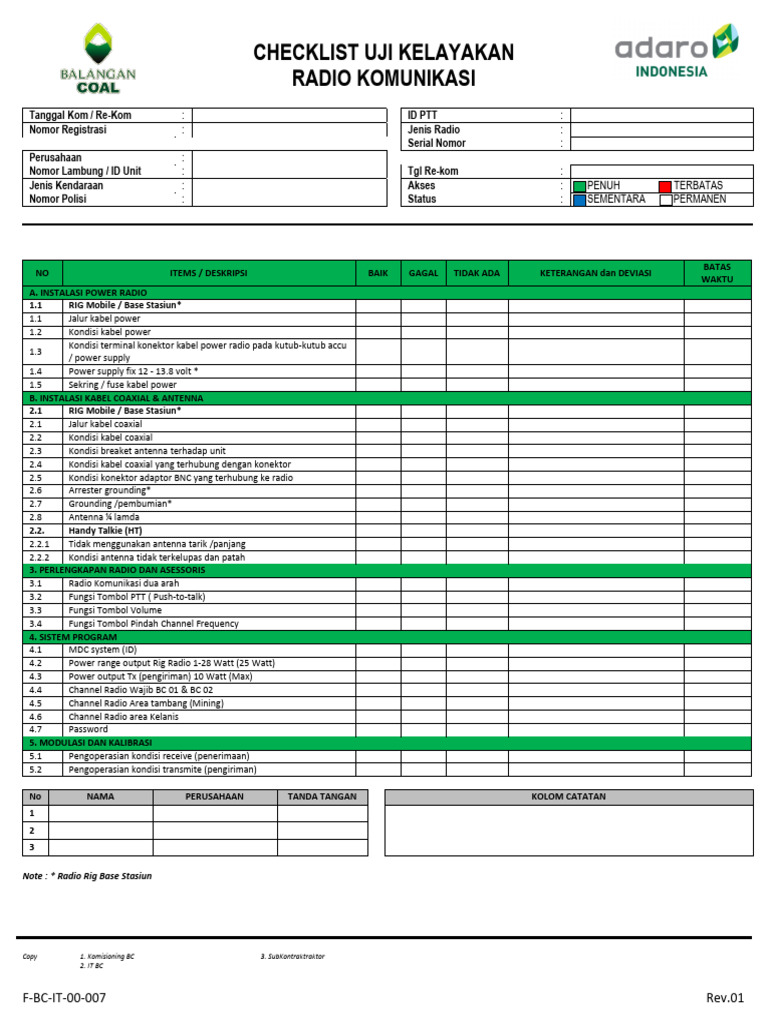 BC - Form Checklist Uji Kelayakan Radio & Dokumentasi | PDF