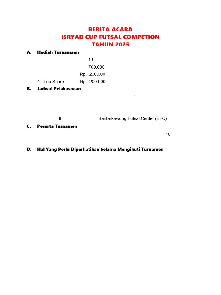 Berita Acara Irsyad Cup Futsal Competion 2025 | PDF