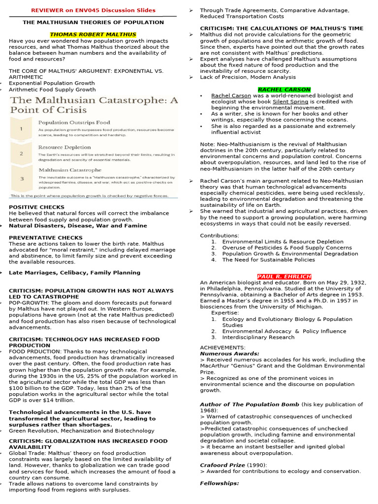 REVIEWER On ENV045 Discussion Slides For Malthusian and Anti-Malthusian ...