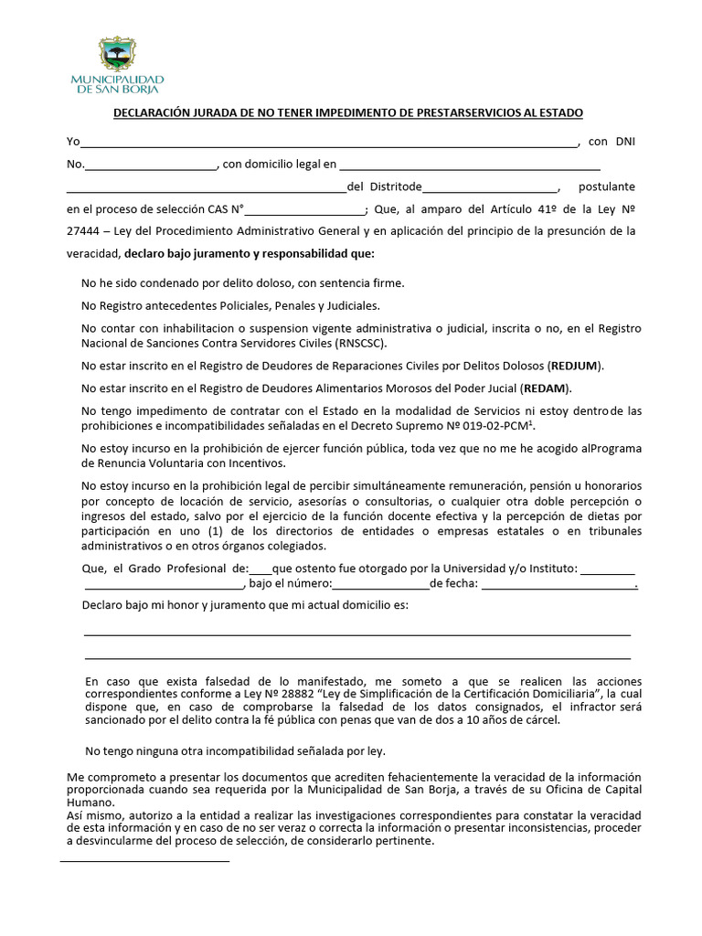 Declaración Jurada de No Tener Impedimento de Prestar Servicios Al Estado | PDF | Verdad | Justicia