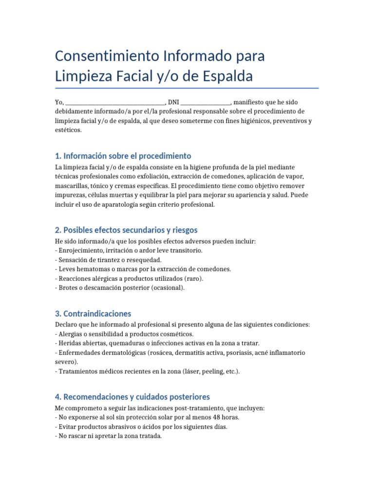 Consentimiento Limpieza Facial Espalda Argentina | PDF | Medicina | Enfermedades y trastornos