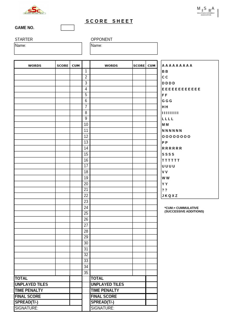 Score sheet scrabble | PDF