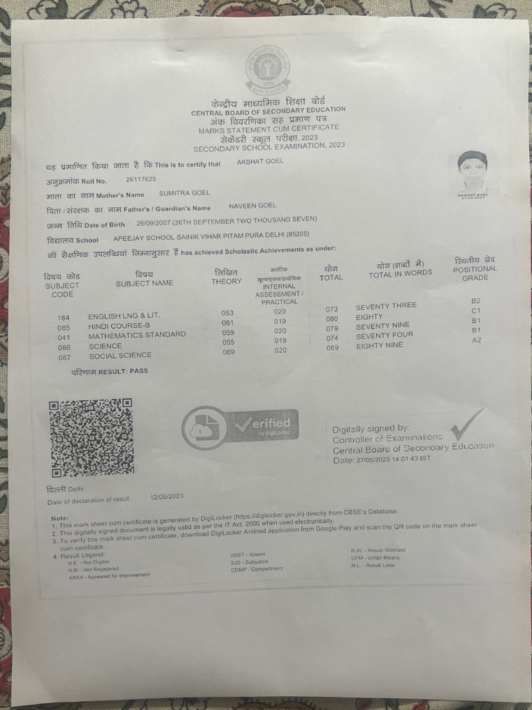Akshat Goel - 10th Result | PDF | Educational Stages | Secondary Education