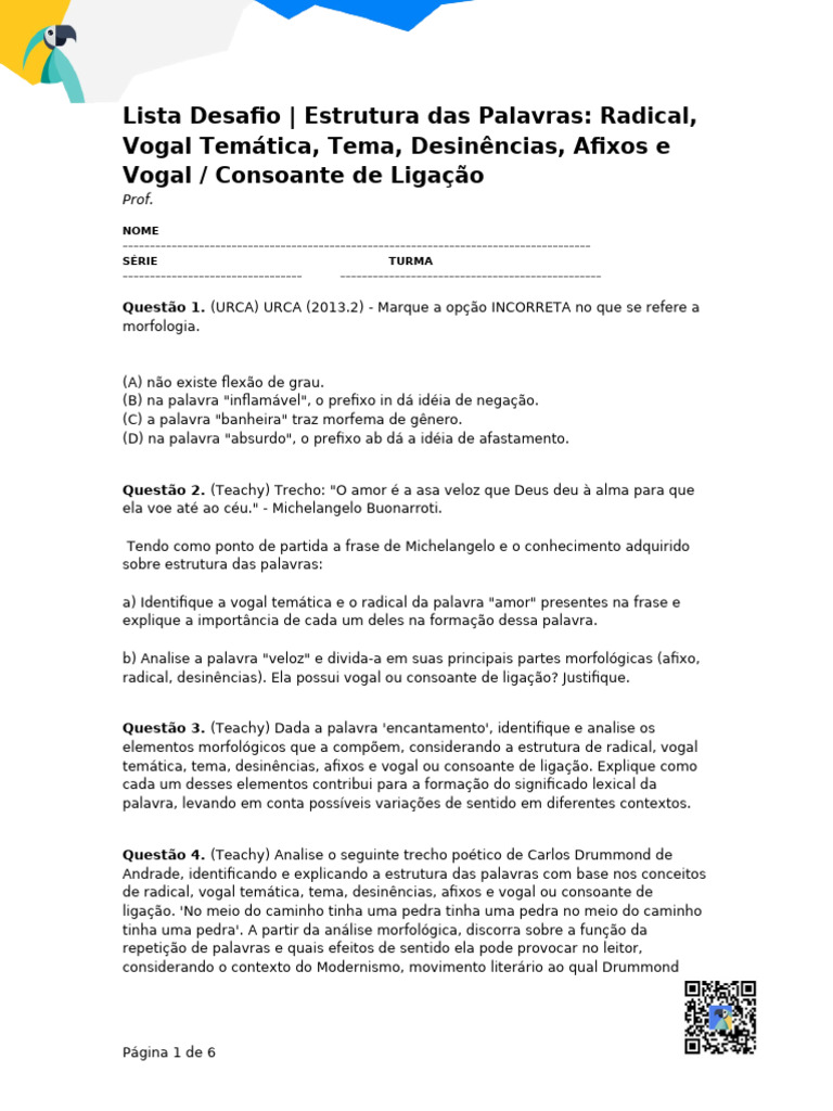 Lista Desafio - Estrutura Das Palavras - Radical, Vogal Temática, Tema ...