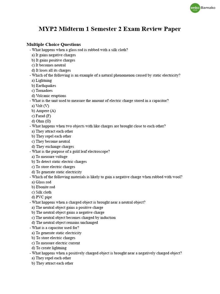 MYP2 Midterm 1 Semester 2 Exam Review Paper | PDF | Electricity ...